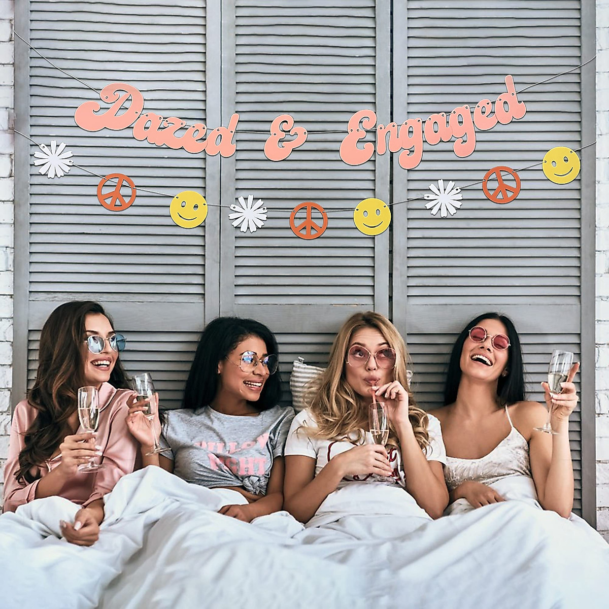 Dazed and Engaged Bachelorette Decorations Bundle with Dazed & Engaged Confused Banner and Groovy Retro Hippie Daisy, Peace Sign, and Smiley Face Garland - 24 piece set