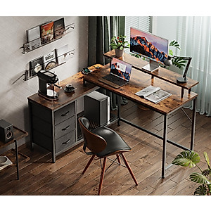 Huuger Reversible L Shaped Computer Desk with Drawers, Gaming Desk with LED Lights and Power Outlets, Office Desk with Storage, Corner Desk with Monitor Stand, for Home & Office, Rustic Brown