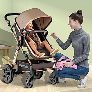 Newborn&Infant&Toddler Foldable All-Terrain High Landscape Baby Stroller Aluminum Alloy 2 in 1 Convertible Reversible Bassinet Pram,Convertible with Detachable Foot Cover and Tray