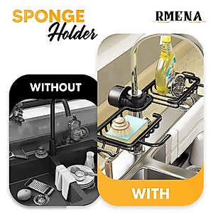 RMENA Faucet Sponge Holder Kitchen Sink Organizer – Sink Sponge Holder Faucet Drain Rack with Sponge and Cleaning Brush – Kitchen Caddy Sink Organizer for Kitchen Sink Accessories, Sponge, Dish Soap
