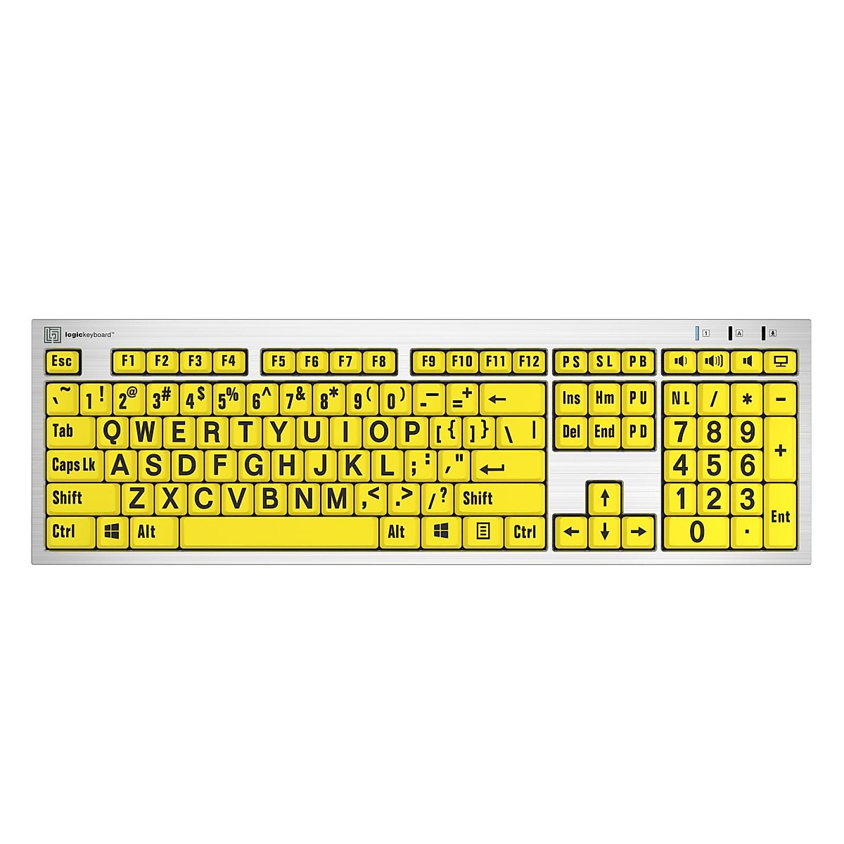 Logickeyboard 'Slimline' with Large Print • Black Letters on Yellow Keys • Made for Windows PC • Including LogicLight Lamp • p/n LKBU-LPRNTBY-AJPU-US