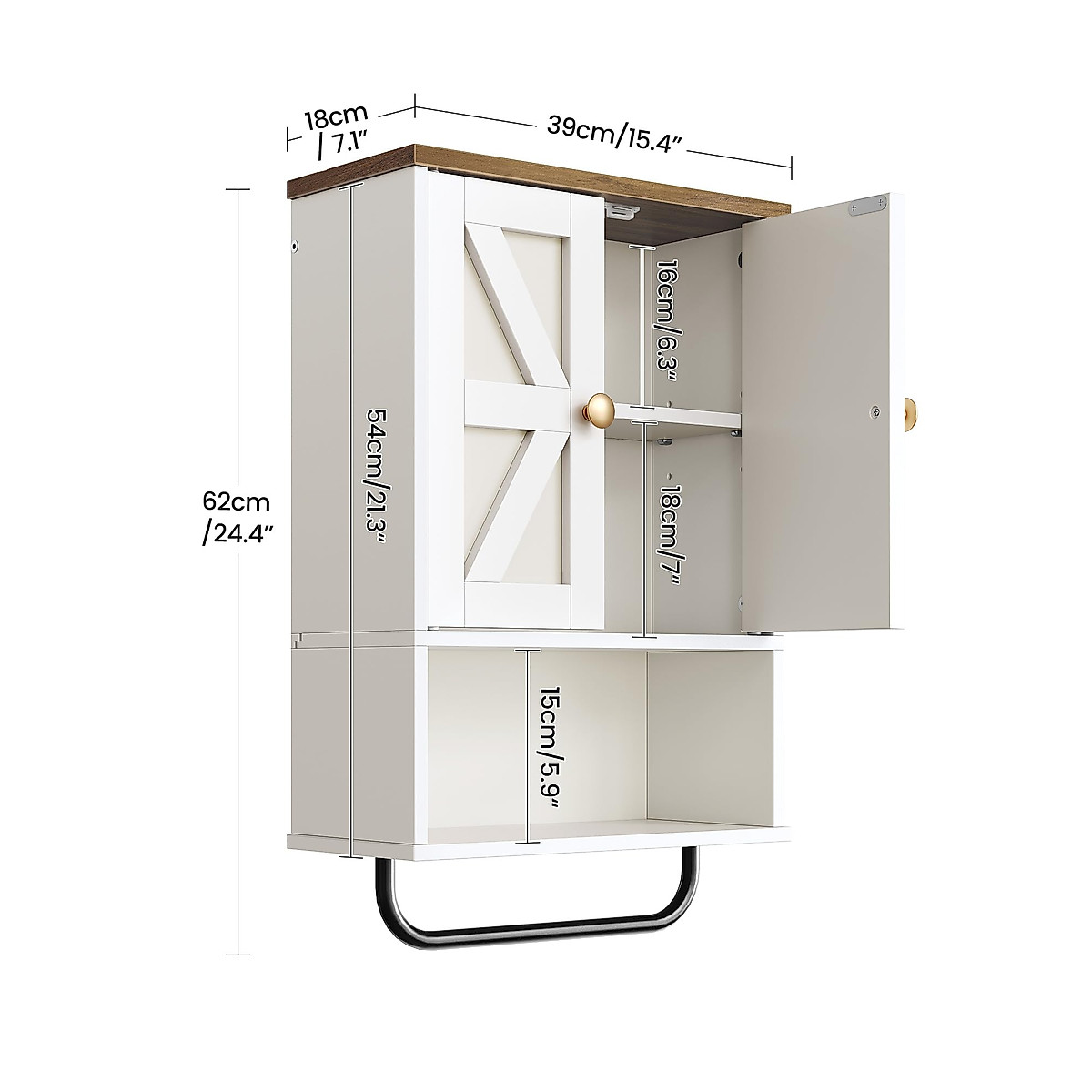 CHOEZON Bathroom Wall Cabinet, Medicine Cabinet with Open Partition and Towel Bar, Rustic Storage Cabinet with Open and Hidden Storage Space, for Bathroom, Living Room, Kitchen, White and Walnut