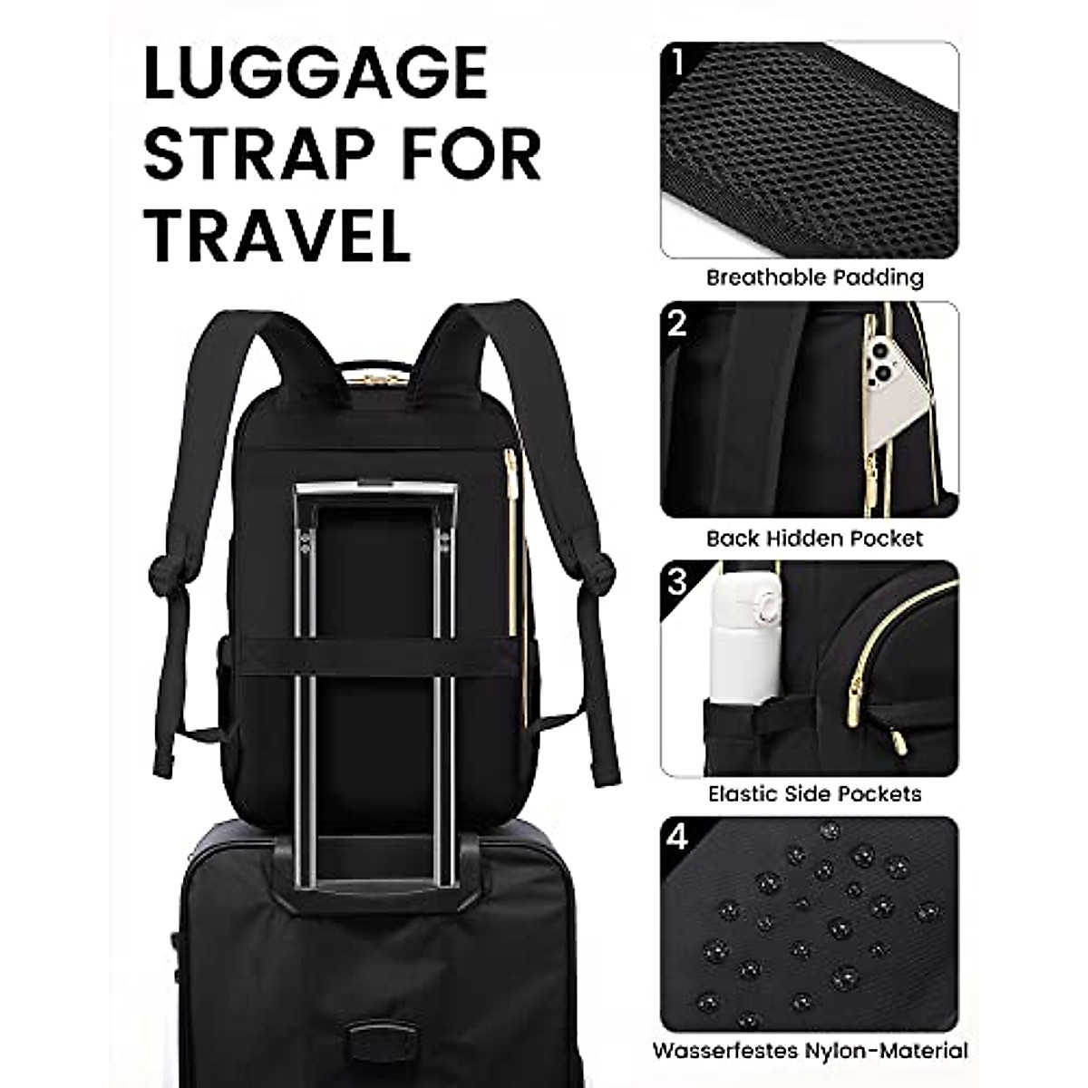 LOVEVOOK Work Backpack for Women, fits 15.6 Inch Laptop, Large Capacity Laptop Backpack with Luggage Strap, Waterproof Lightweight Backpack Purse, Fashionable for Business, Travel, Black