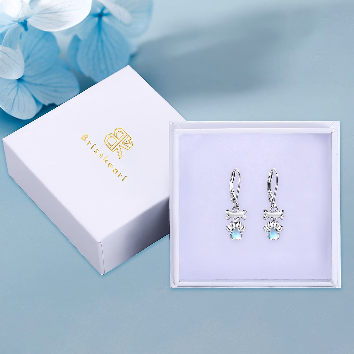 Dog Earrings 925 Sterling Silver Dog Paw Dangle Drop Earrings Dog Bone Leverback Earrings Moonstone Dog Print Earrings Animal Dog Paw Jewelry for Women