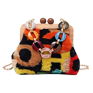 Women's Shoulder Bag Fashion Chain Tote Bag Wooden Clip Cross-body Bag Color Corduroy Cross-body Bag Wallet (Colored)