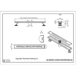 Novalinea - 54 Inch Linear Shower Drain with Tile Insert Grate, Includes Hair Strainer and Leveling Feet, 2 Inch Center Outlet, 304 Stainless Steel