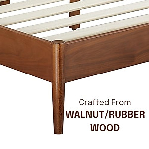 NTC Lupin Wooden Bed Frame with Headboard, Crafted from Walnut, Rubber Wood with Silent Slats and Wood Central Supports, 1000 Lb Capacity, Effortless Assembly, Queen - Dark Walnut