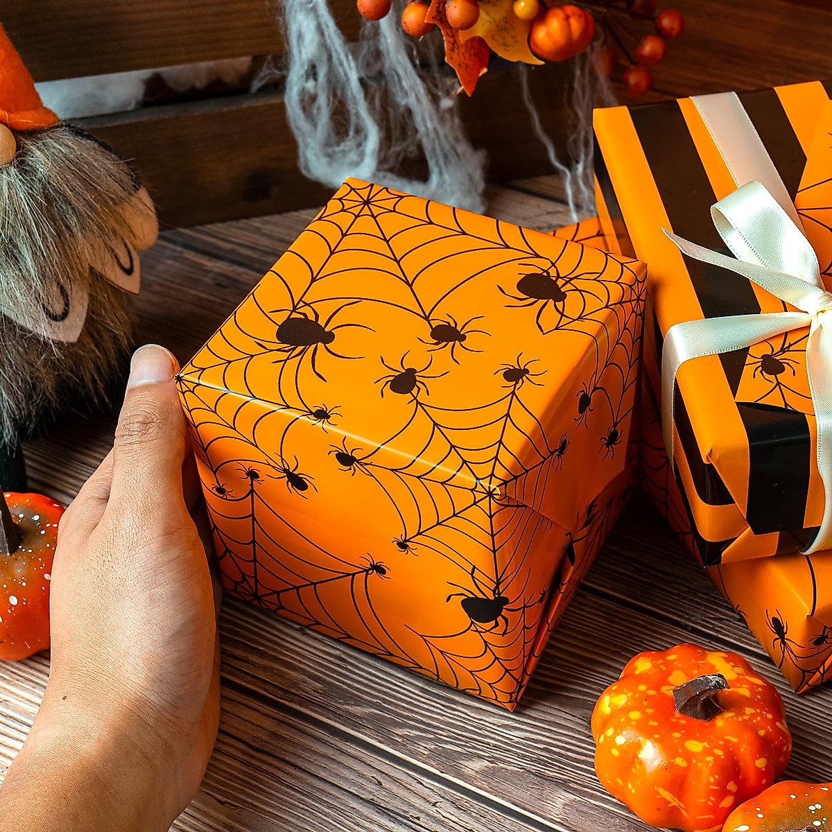 WRAPAHOLIC Halloween Reversible Wrapping Paper Roll - Mini Roll - 17 Inch X 33 Feet - Spider Design, Perfect for Halloween Decorations, Holiday, Party