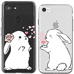 Toik Matching Couple Cases for Apple iPhone 11 Pro Xs Max Xr 10 X 8 Plus 7 6s 5s SE Cover Silicone TPU Flexible White Love Cute Design Print Bunnies Adorable Animal Protective Anniversary Girly