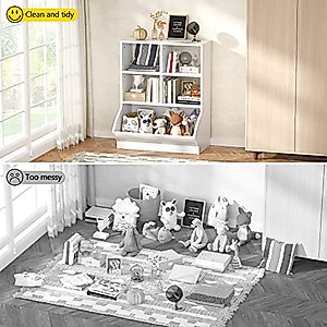 Aheaplus Toy Storage Organizer with Bookcase, 5 Cubby Bookshelf Toy Storage Cabinet, Open Multi-Bins Toys&Books Storage Display Organizer for Playroom, Bedroom, Nursery, School, White