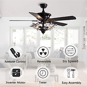 Moooni 50 Inch Reversible Crystal Ceiling Fan with Lights, Vintage Chandelier Fan Light KIt Black Fandelier for Bedroom Living Room