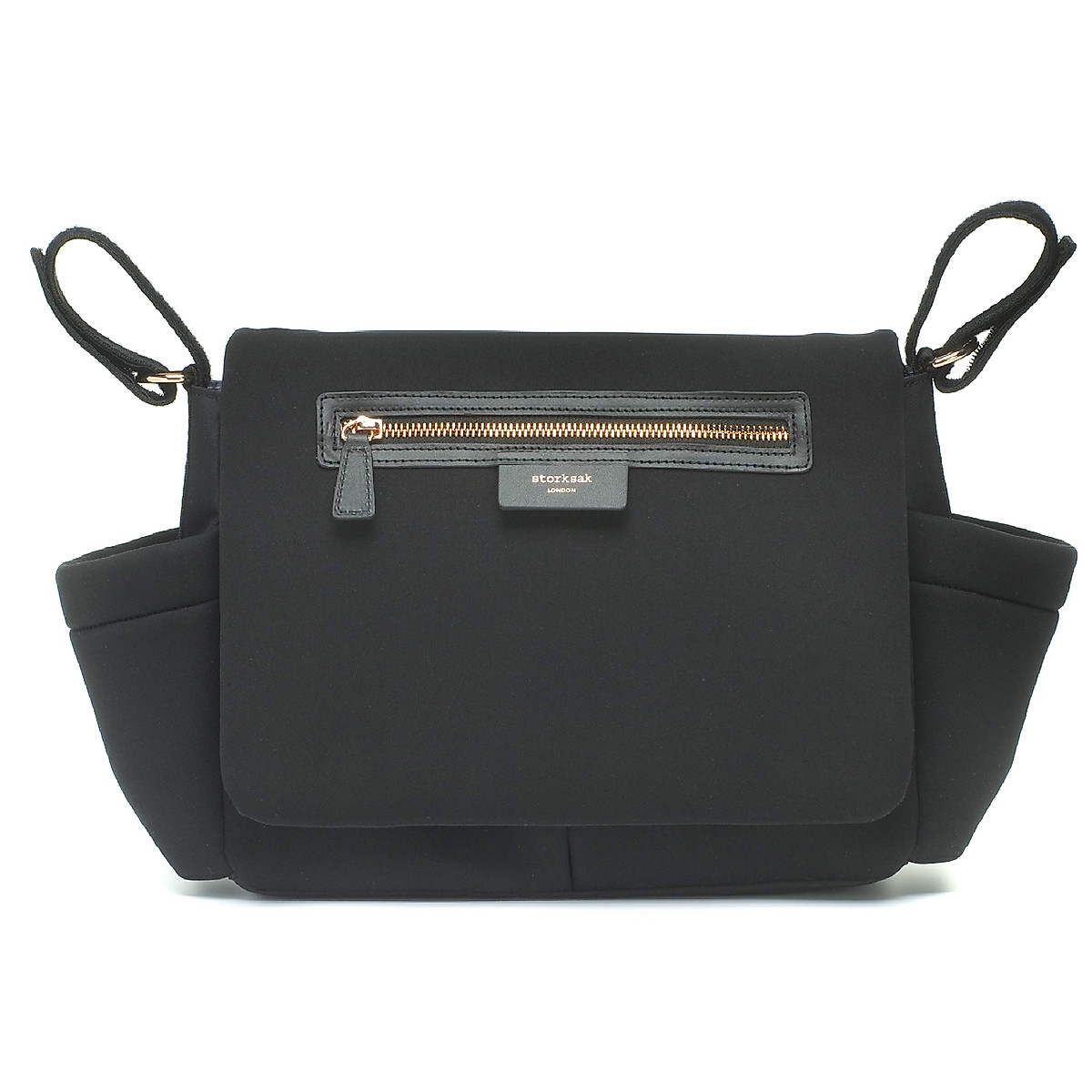 Black Travel Stroller Organizer and Hanging Diaper Bag by Storksak | Universal Fit, Large Storage Capacity, Baby Caddy with Elastic Cup Holder and Integrated Accessories