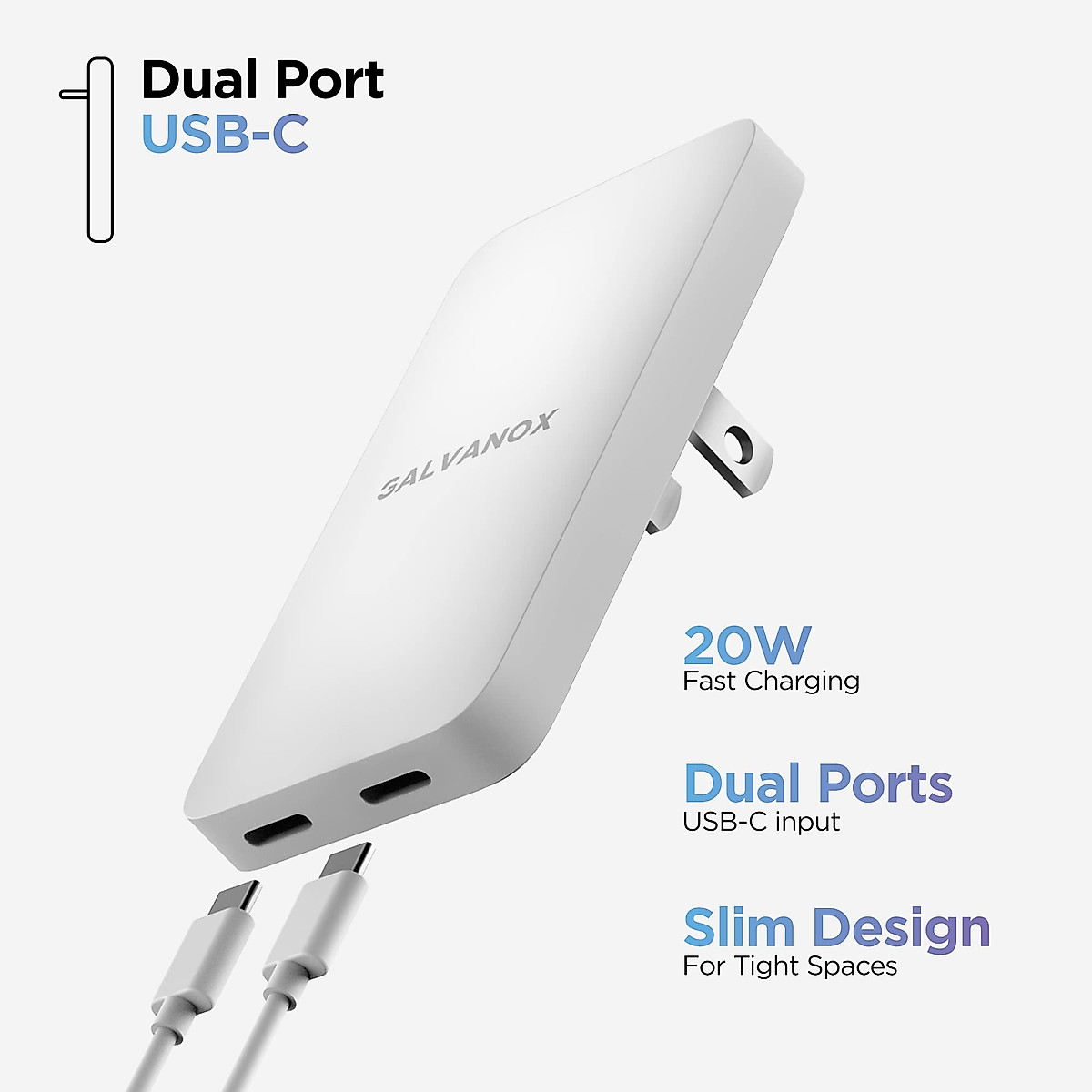 Galvanox Dual USB-C Flat Wall Charger - Fast Charging Ultra Slim Outlet Plug, Multi Port Type C for iPhone 13, 14, iPhone 15 Pro Max and Samsung Galaxy Phones (20W)