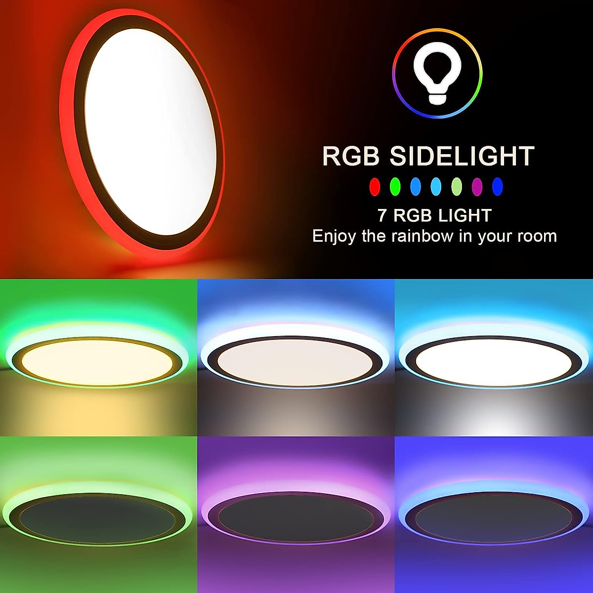Marfete Flush Mount LED Ceiling Light Dimmable with Remote Control, 13Inch 30W RGB Sidelight Close to Ceiling Light Fixture 3000-6500K, Modern Ultra-Thin Round Ceiling Lamp for Bedroom Kids Room