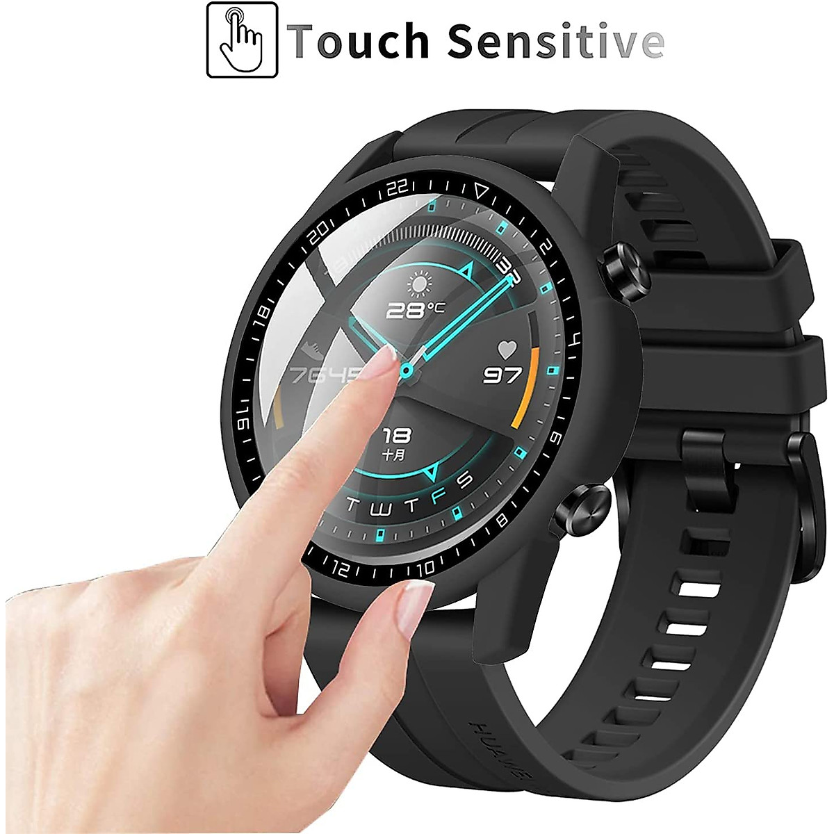 Acadeny [2-Pack] Case with Tempered Glass Screen Protector Compatible for Huawei Watch GT2 46mm, 9H Hardness 360° All-Round Protective Ultra Thin Protective PC Case Cover for - Black Black