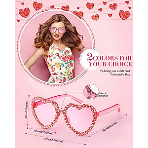 TOODOO 2 Pairs Rhinestone Heart Sunglasses Heart Shape Rimless Sunglasses for Women Transparent Heart Glasses (Pink, Red)