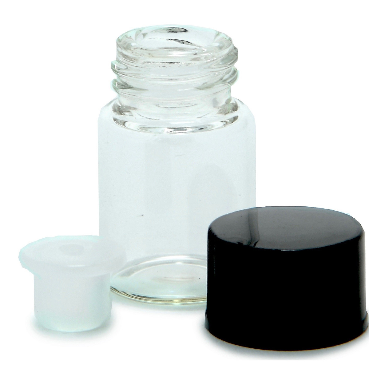 Vivaplex, 24, Clear, 2 ml (5/8 Dram) Glass Bottles, with Orifice Reducers and Black Caps