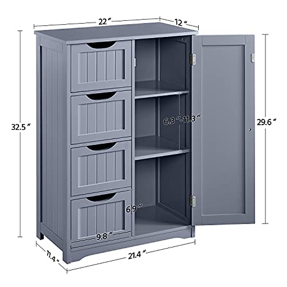 Yaheetech Bathroom Floor Cabinet, Freestanding Storage Oragnizer Unit Kitchen Cupboard W/ 4 Drawers & Adjustable Shelves, Using for Living Room/Kitchen/Bathroom, Gray
