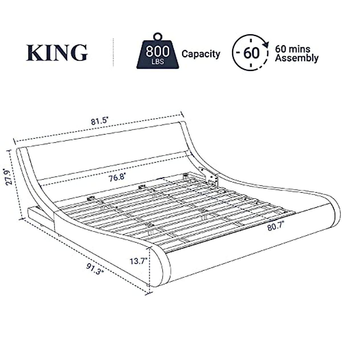 Allewie Upholstered King Size Platform Bed Frame Modern Low Profile Sleigh Bed with Faux Leather Headboard, Easy Assembly, No Box Spring Needed, Black and White