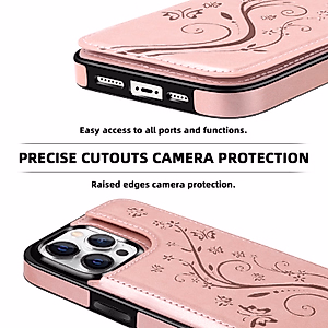 iMangoo for iPhone 15 Pro Max Case Wallet Credit Card Holder Slot,iPhone 15 Pro Max Case Women Cute Flower Pattern PU Leather Magnet Clasp Flip Cash Sleeve Phone Cover for iPhone 15 Pro Max Rose Gold