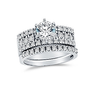 Sonia Jewels Size - 5-14k White Gold Round Wide 3 Row Pave Set Bridal Engagement Ring & Wedding Band CZ Cubic Zirconia (2.50cttw., 1.0ct. Center)