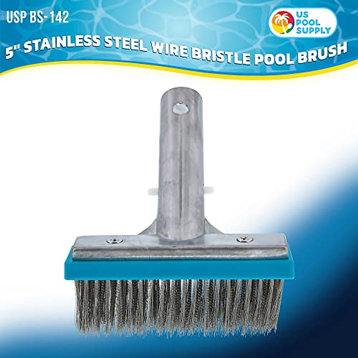 U.S. Pool Supply 5" Stainless Steel Wire Bristle Pool Brush, HD Aluminum Pole Handle - Clean Remove Rust Stains on Concrete, Calcium Build-Up on Tiles, Scrub Debris Off Walls, Floors, Steps, Corners
