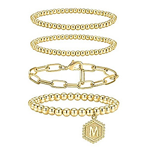 doubgood Gold Beaded Bracelets for Women, Stackable Gold Bracelets for Women Men 14K Real Gold Plated Stretch Bead Ball Bracelet with Letter Pendant M