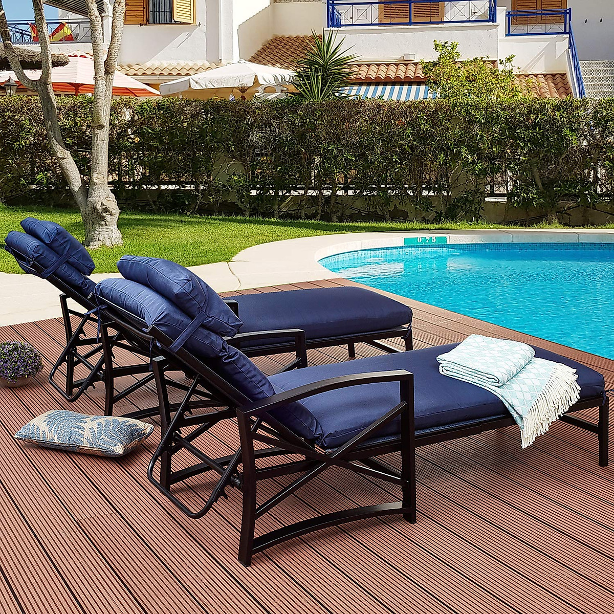 PatioFestival Patio Chaise Lounge Outdoor Adjustable Back Cushioned Chairs All Weather Steel Frame Lounger with Blue Pillow(2Pcs)