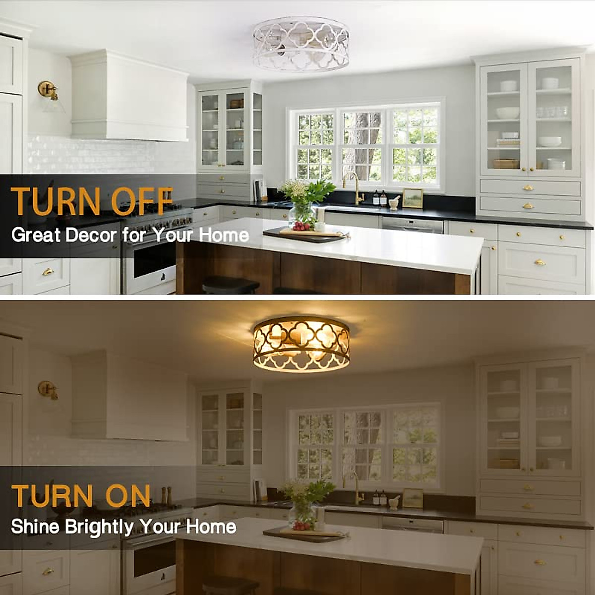 Bargeni Flush Mount Ceiling Light,13-inch Ceiling Light Fixture,3-Light Kitchen Light Fixtures,Rustic Antique White Finish,Farmhouse Light Fixtures for Bedroom,Living Room,Kitchen,Hallway and Foyer