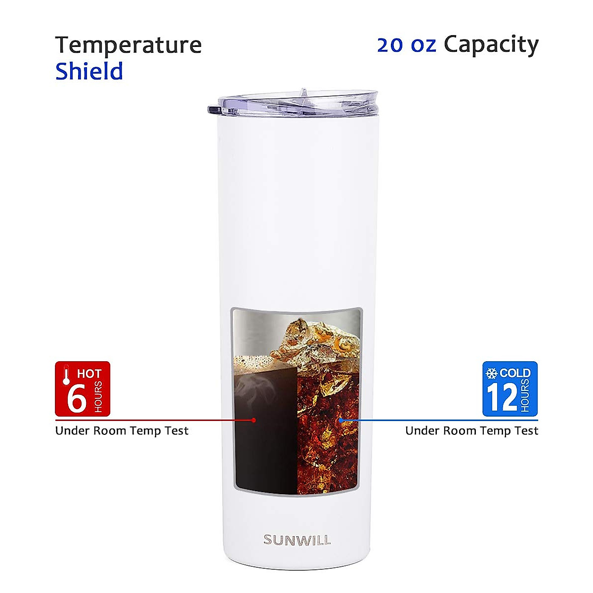 SUNWILL Straw Tumbler Skinny Travel Tumbler with Lid, Vacuum Insulated Double Wall Stainless Steel 20oz for Coffee, Tea, Beverages, White