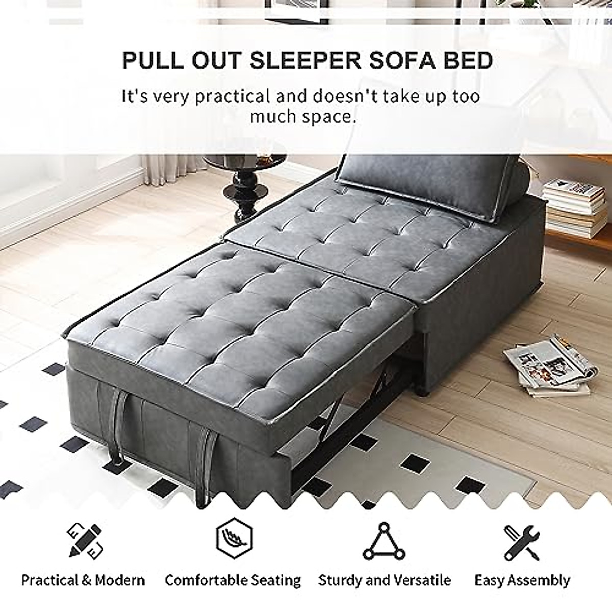 NIOIIKIT Convertible Pull Out Sleeper Sofa Bed, Modern PU Leather 2-in-1 Single Lazy Sofa, Ottoman with Backrest and Pillow for Living Room, Bedroom, Office, Lounge (Dark Grey PU)