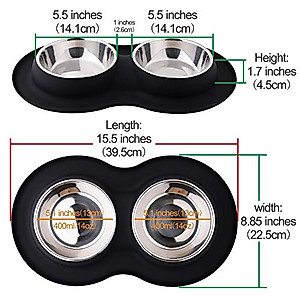 Roysili Double Dog Bowl Pet Feeding Station, Stainless Steel Water and Food Bowls with Non Skid Non Spill Silicone Mat, Premium Quality Dog Bowl Holder for Small Medium Dogs Cats Puppy (Small, Black)