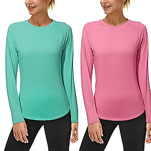 (Size:L) 2 Pack Womens Long Sleeve UV Sun Shirts UPF 50+ Workout Swim Rash Guard Tops