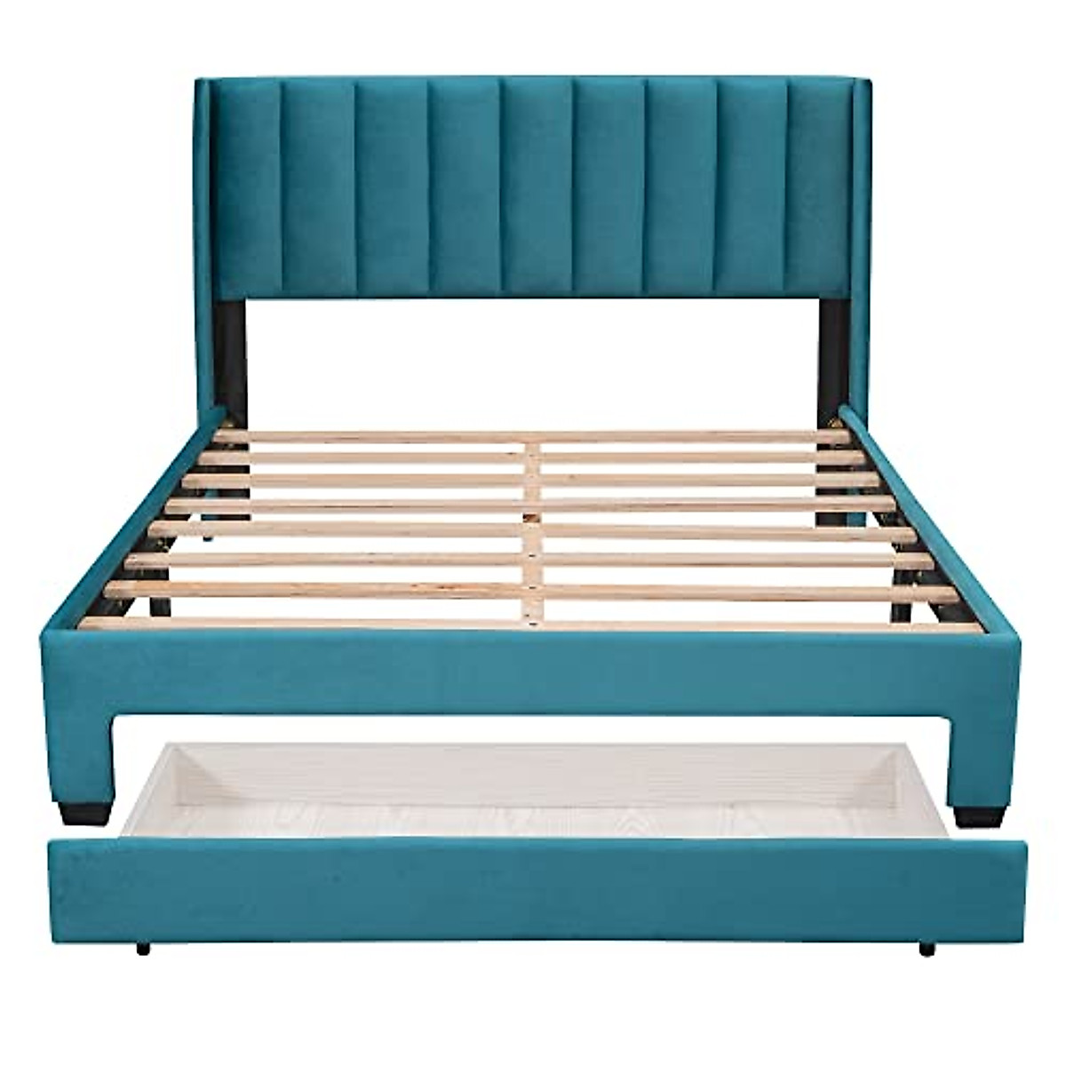 Prohon Queen Bed Frame with Wingback Headboard and A Big Storage Drawers on Endbed, Velvet Upholstered Platform Bed w/Wood Slats Support Mattress Foundation,No Box Spring Needed,Easy to Install,Blue