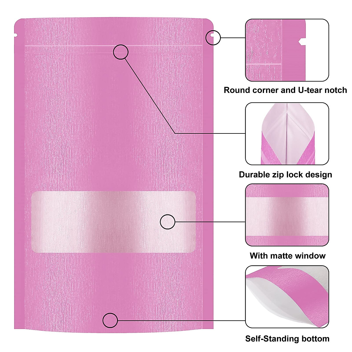 WObell 50pcs Color Kraft Ziplock Bag Pouches,4.7x7.9 Inch Resealable Kraft Stand up Bags with Window, Reusable Ziplock Food Storage Pouches,Heat Sealable Bags for Store&Home(Pink)