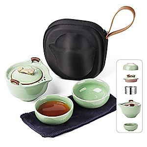 Travel Ceramic Tea Pot Set, Chinese Kung Fu Teapot 1 Pot 2 Mini Cup Porcelain Gongfu Teacups with Infuser Portable Bag All in One for Picnic Outdoor Camping Hotel