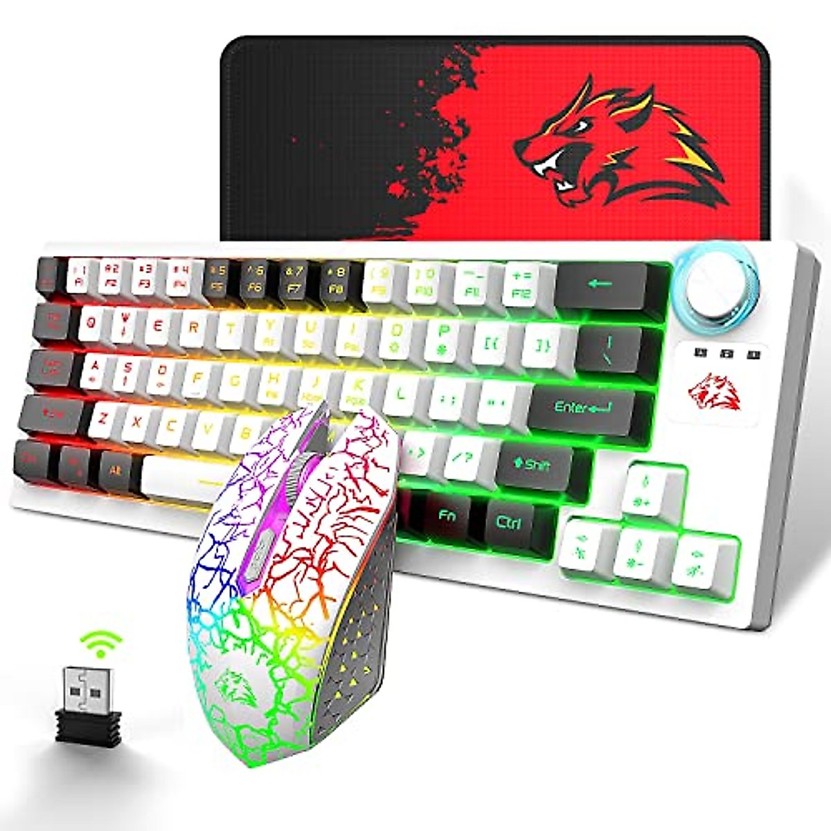FELICON Small Wireles Gaming Keyboard and Mouse Combo, Rechargeable RGB Backlit 64 Keys Mini Double Color Keyboard and Crack Light Up Mouse, Mouse Pad for PC, MAC, Gamer