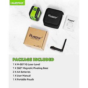 HUEPAR Laser Level Self-Leveling - 100 feet DIY Bright Green Cross Line Laser Leveler for Picture Hanging, Tile, Decoratio and Construction Indoor Project, 360° Magnetic Base & Battery Included