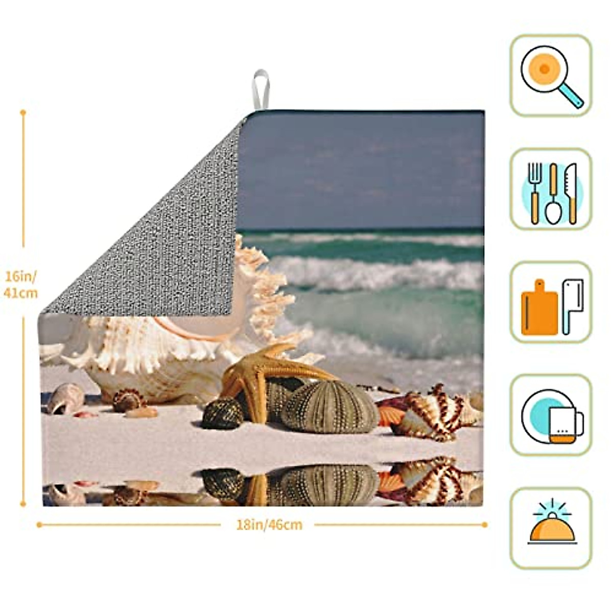 Large Seashell Starfish Printed Drying Mat For Kitchen Ultra Absorbent Microfiber Dishes Drainer Mats Non-Slip Silicone Quick Dry Pad - 18 X 16inch