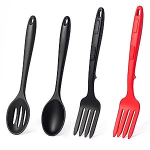 4 PCS Silicone Serving Spoons for Cooking Plastic Spoons Fork Silicone Slotted Spoons Nonstick Large Mixing Spoon Heat Resistant Cooking Utensils for Kitchen Cooking Bake Stir Draining Tool