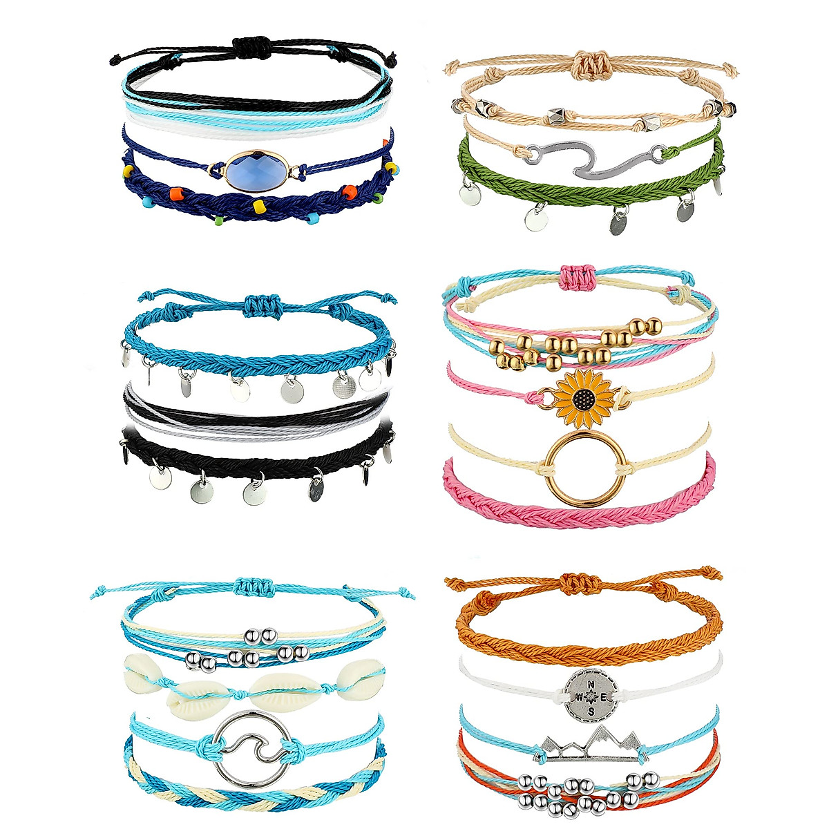 Hicarer 21 Pieces Surfer Wave Bracelet Ocean Wave Adjustable Waterproof Handmade Friendship Bracelet Anklet Jewelry for Women(Simple Style)