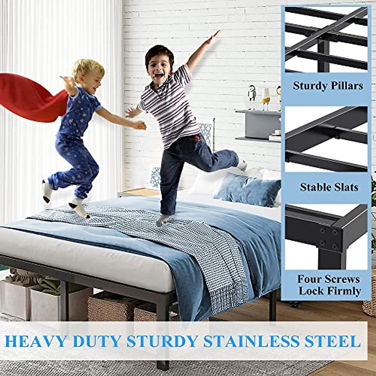 IBEDMAZIE Queen Bed Frame 14 Inches Heavy Duty Platform Metal Bed Frames Queen Size with Storage Space Support 3500lbs Bedframe Non-Slip Noise Free Black Queen-Size Bed Frame No Box Spring Needed