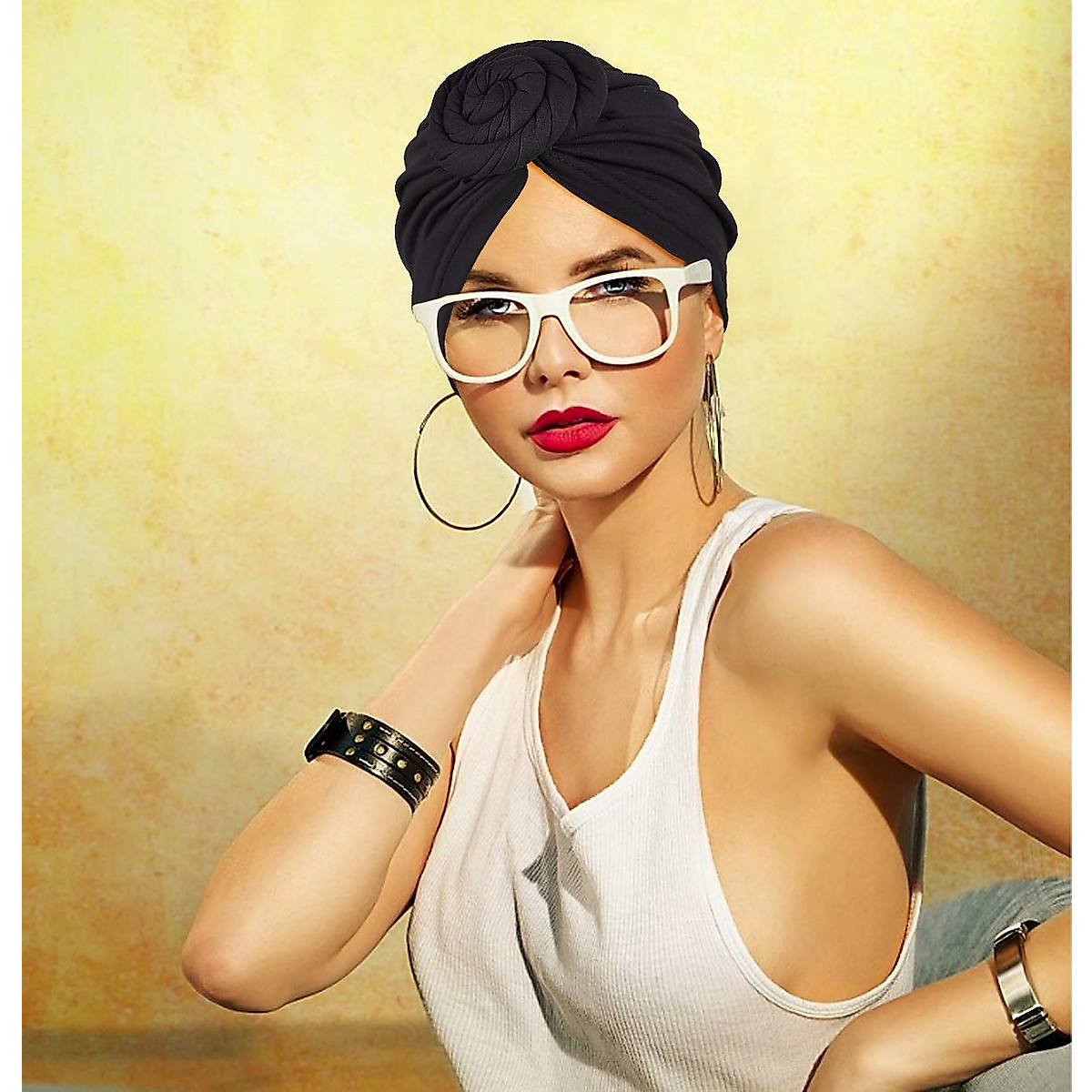 keland 3 Pieces African Pattern Women Turbans Hats Flower Knot Headwrap Pre-Tied Cap (Black&White&Camel)