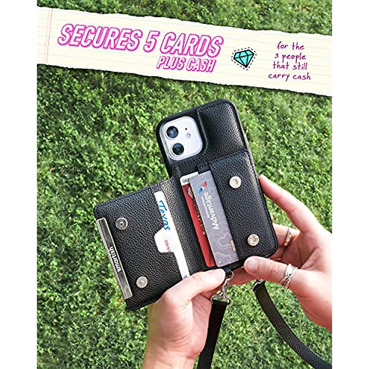 Smartish iPhone 12/12 Pro Crossbody Case for Women - Dancing Queen [Purse/Clutch with Detachable Strap & Card Holder] - Stiletto Black-Silver