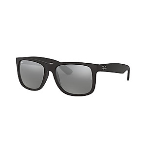 Ray-Ban RB4165 Justin Rectangular Sunglasses, Rubber Black/Grey Mirrored Silver, 51 mm