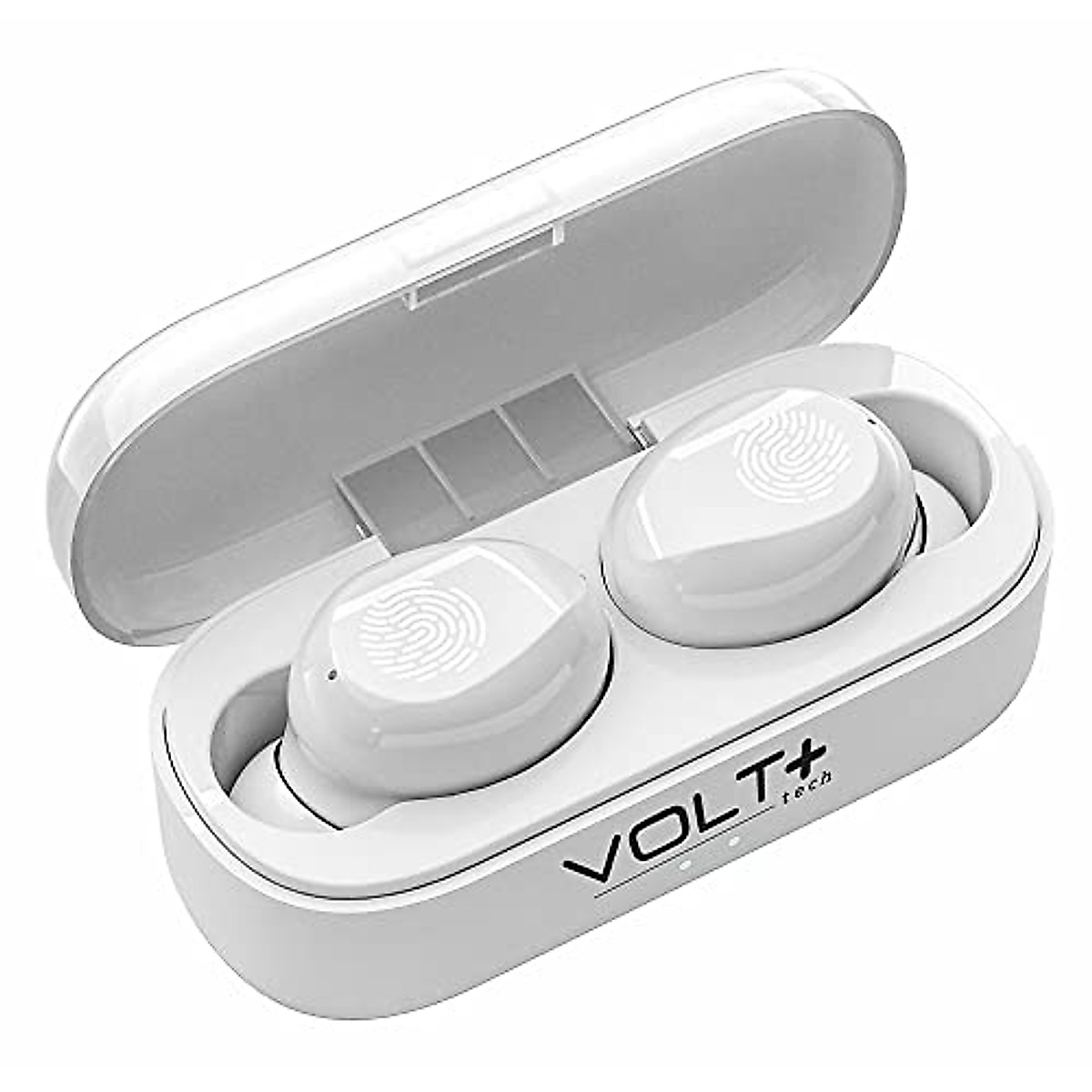 VOLT PLUS TECH Slim Travel Wireless V5.1 Earbuds Compatible with Your Samsung Galaxy A03 Core Updated Micro Thin Case with Quad Mic 8D Bass IPX7 Waterproof/Sweatproof (White)