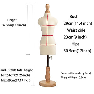 lavandeform Female Dress Form Mannequin(Not Full Size Body Height 12.8 inch for Sewing, 1/3 Size Female Tailor Dressmaker Dummy for Pattern Making Fully Pinnable Mannequin with Wooden Stand (1/3)