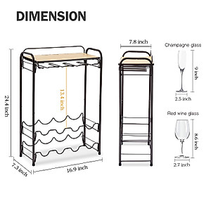 TOOLF 8 Bottle Wine Rack Freestanding Floor, Metal Wine Storage Shelf with Glasses Holder & Table Top, 4 Tier Wine Display Organiser, for Home Decor, Cellar, Bar, Countertop, Cabinet