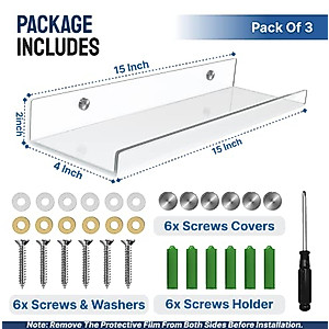 CIVIFY Acrylic Shelves for Wall - 15" Pack of 3 - Clear Shelves with Installation Kit & Covers to Hide Screws - Decoration & Storage Funko Pop Shelves for Kids Room, Bathroom & Kitchen