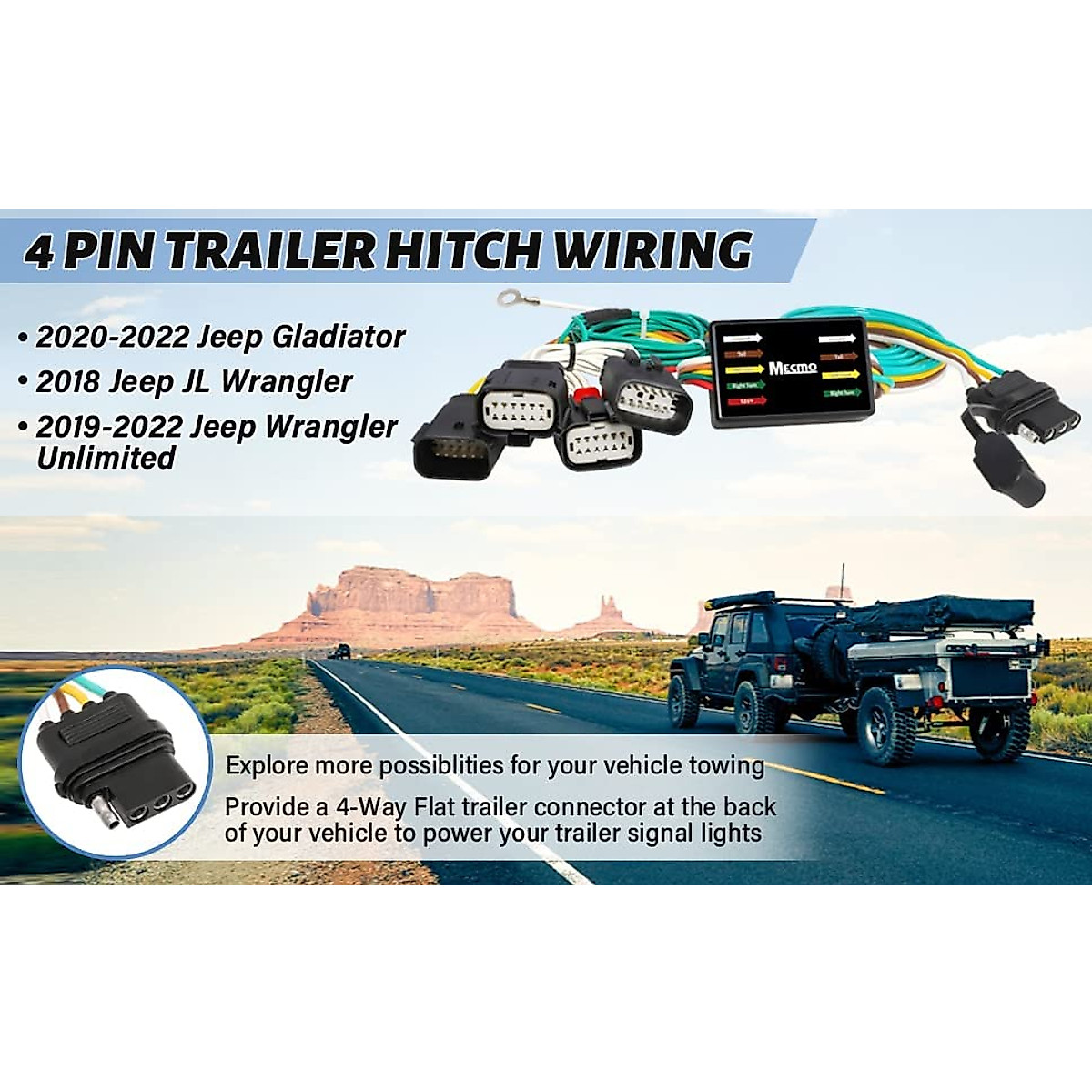 MECMO 56407 4-Pin Trailer Wiring Harness for 2018-2023 Jeep Wrangler JL/JLU, 2020-2023 Jeep Gladiator JT, 19-23 Jeep Wrangler Unlimited, Towing Hitch Wiring for JL Trailer Light Connect
